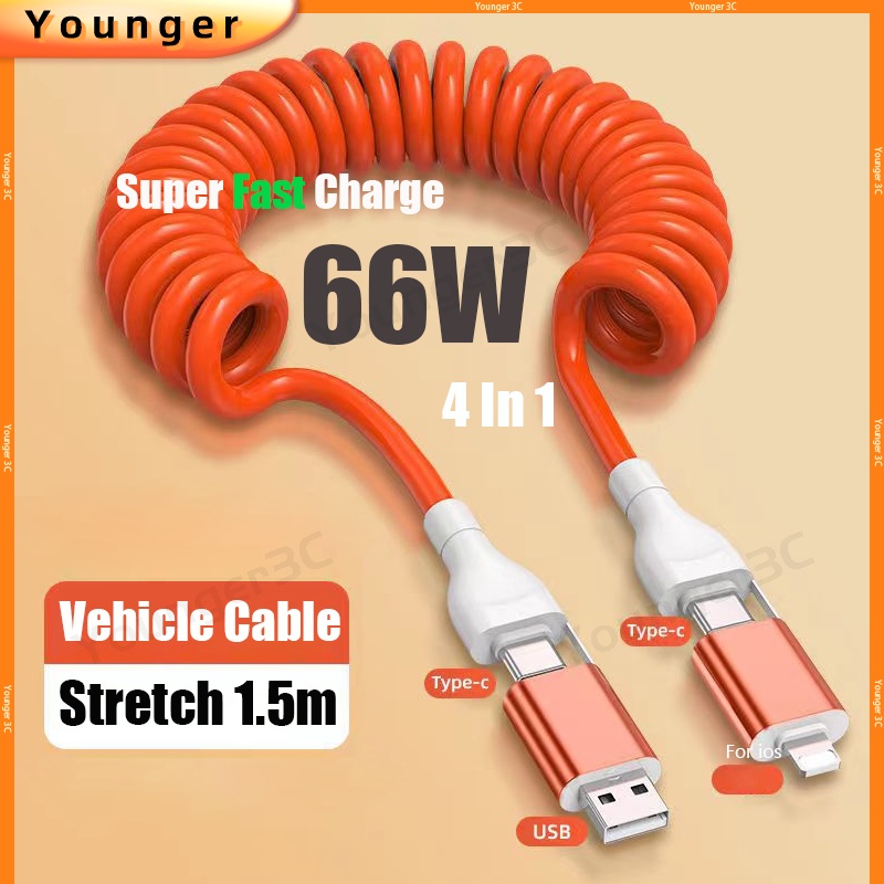 100W 4 In 1 Coiled Spring Retractable Cable 1.5M USB Type C Vehicle ...