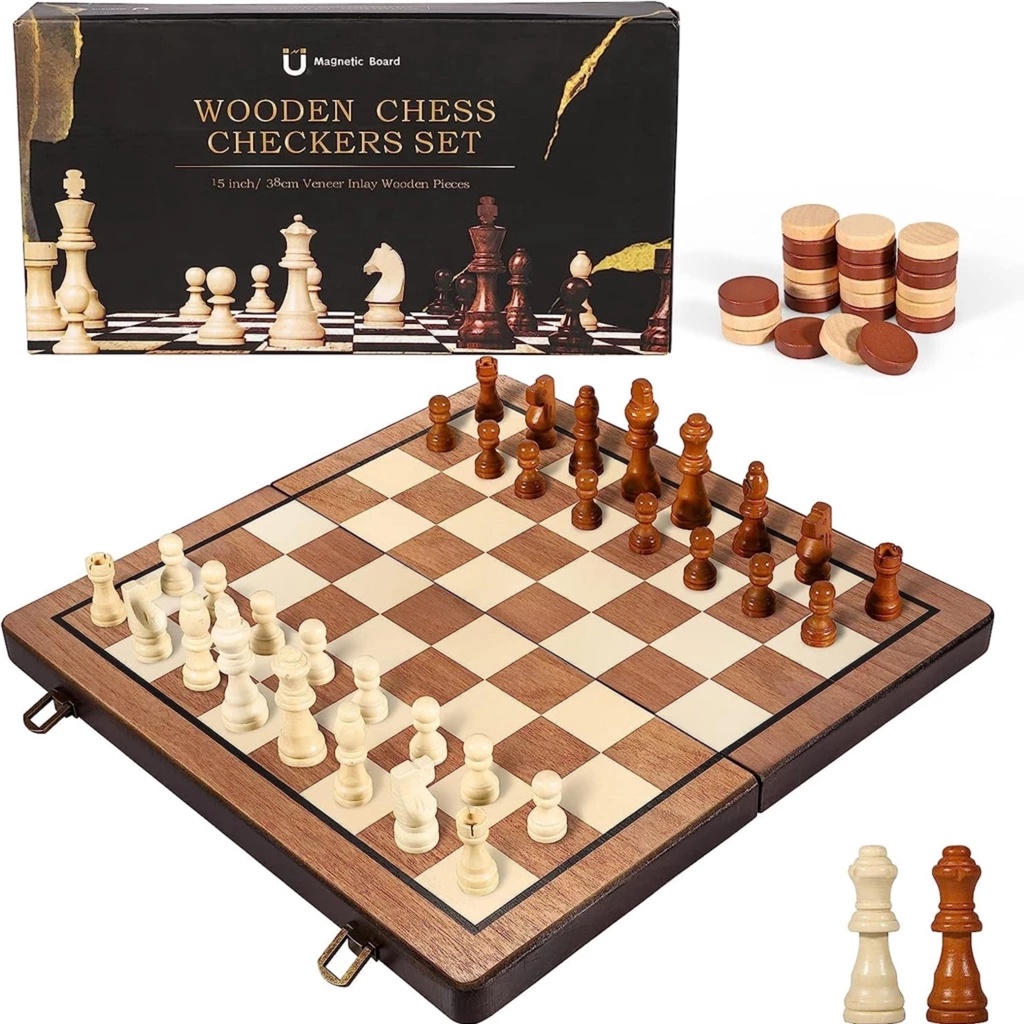 2 In 1 Magnet High Quality Oak Chess Toy Set + Checkers 24 Folding ...