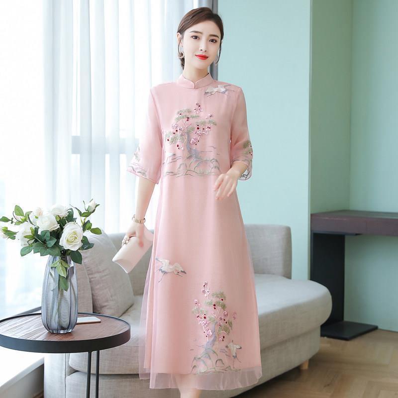modern cheongsam dress long sleeve Five quarter Zen Tea vintage tang ...