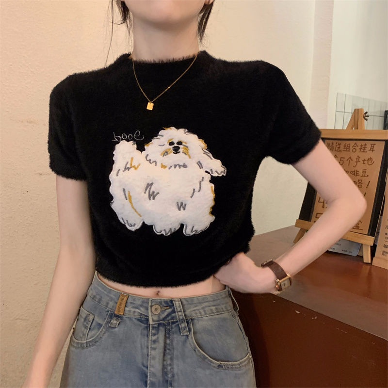 Small Dog Print Crop Top for Women Summer Casual Knit Round Neck Short ...