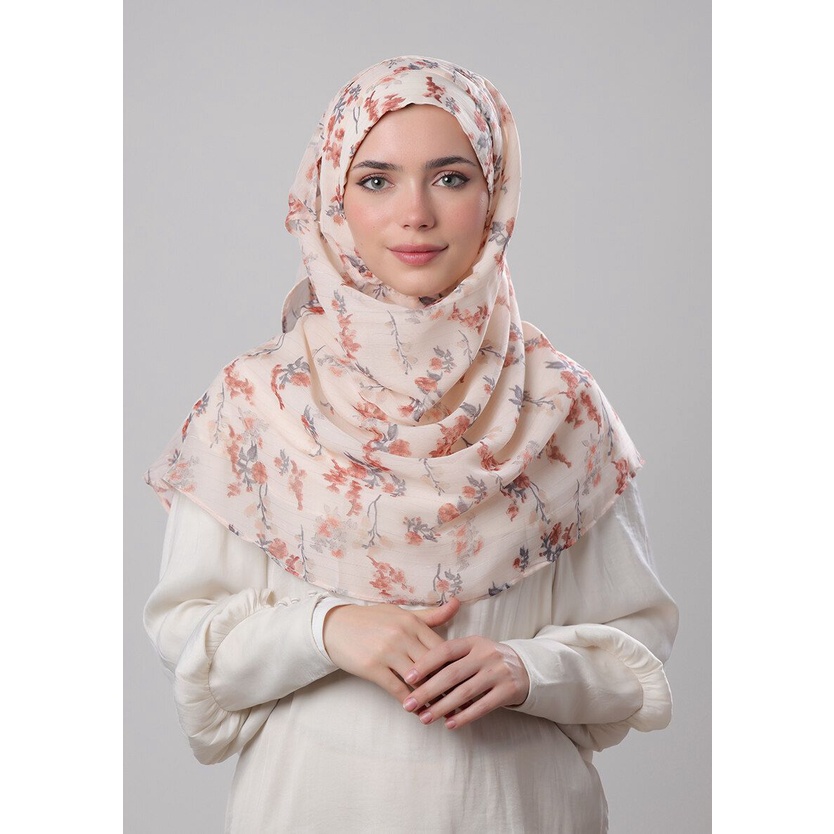Bokitta Soft Blooms Cream Shimmer Hijab Premium Printed Plus Crinkled Chiffon with Lurex ...