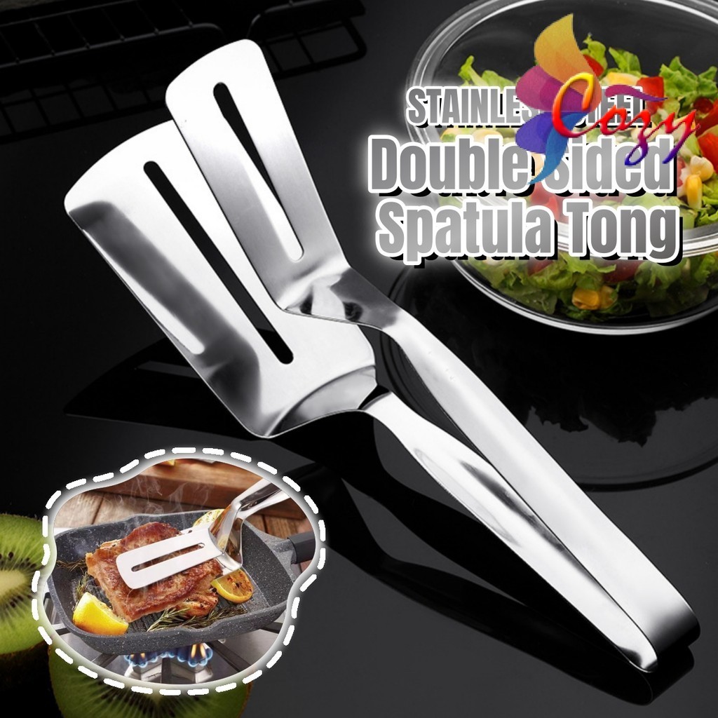 Stainless Steel Frying Shovel Clip Double Sided Spatula Food Tongs BBQ ...