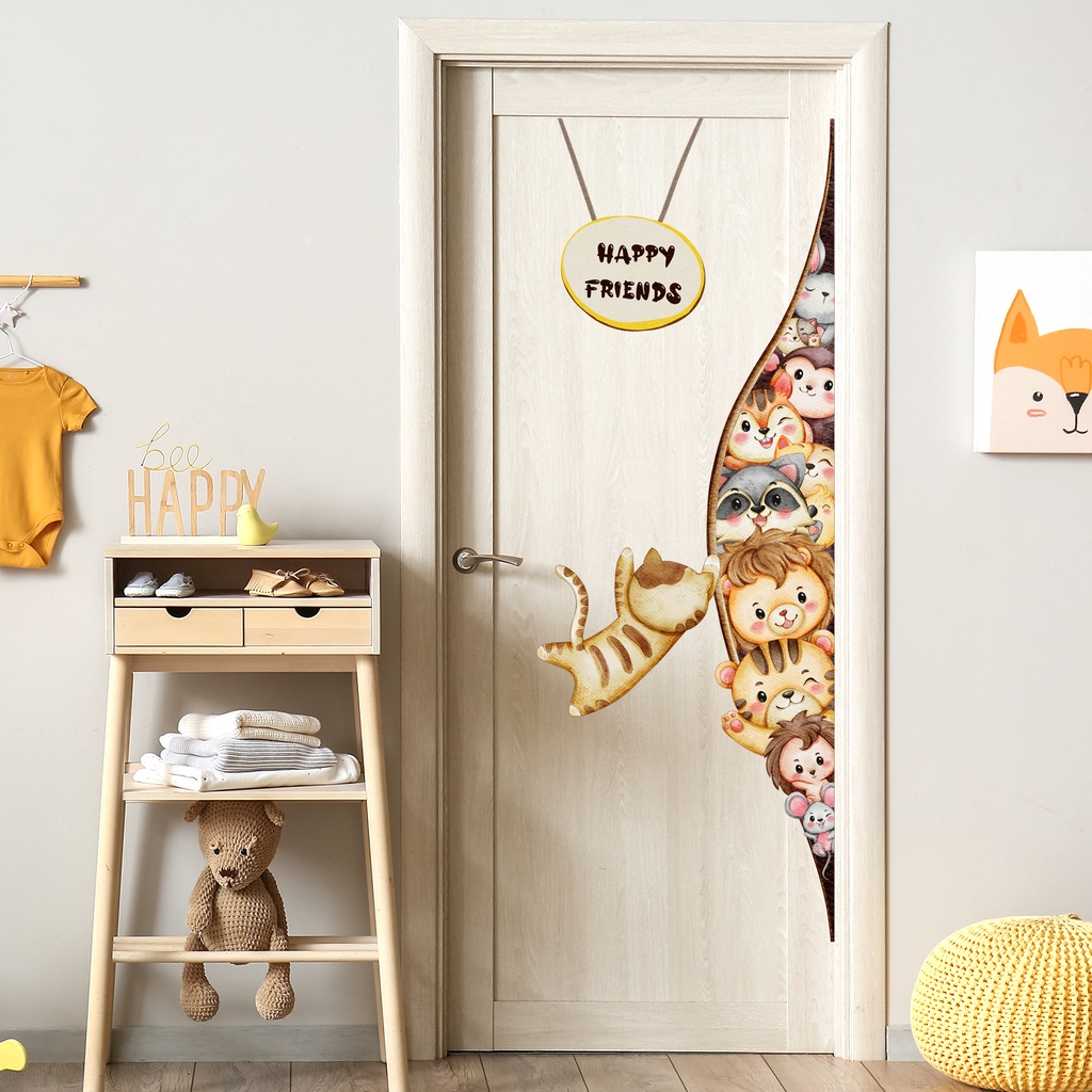 Watercolor Style Cartoon Animal Wall Stickers, Creative Door Decoration ...