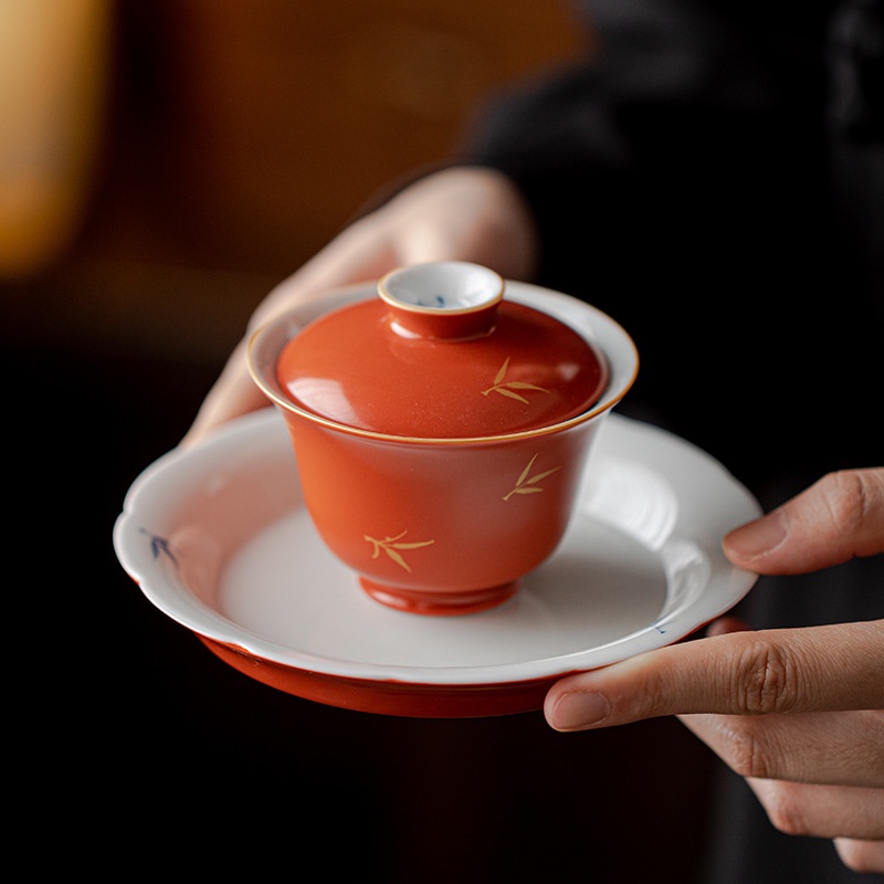 Gold Drawing Gaiwan Coral Red Handmade Ceramic Tea Bowl Pure Hand ...
