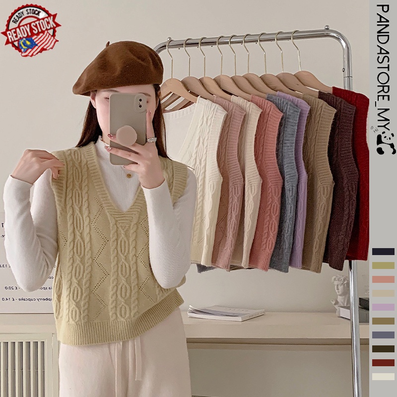🇲🇾 READY STOCK New Vests Women Korean Knitted 10 COLORS Plain V Neck ...