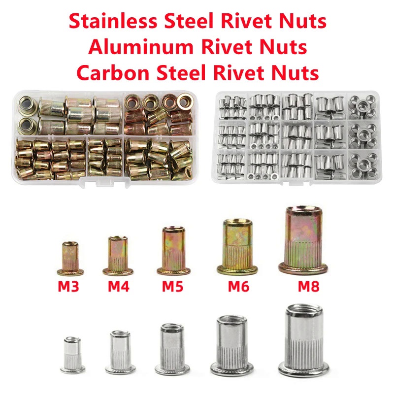 100/150PCS M3 M4 M5 M6 M8 Rivet Nuts Stainless Steel Flat Head Rivets Nut Zinc Plated Carbon ...
