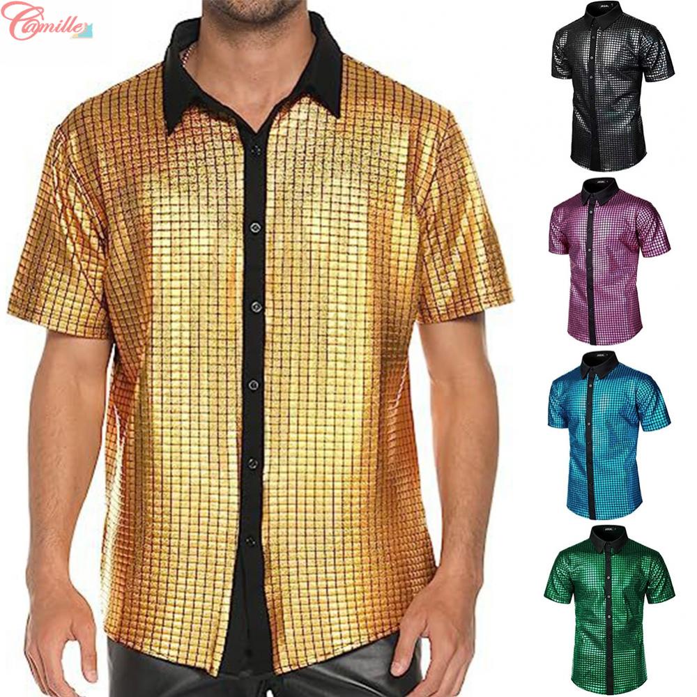 Mens 70s Disco Costume Gold Sequins Short Sleeve Button Down Shirts Blouse Top | Shopee Malaysia