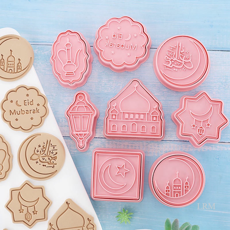 LRM 16Pcs/Set Eid Mubarak Cookie Cutters 3D Ramadan Plastic Biscuit Mold Moon Star Stamp ...