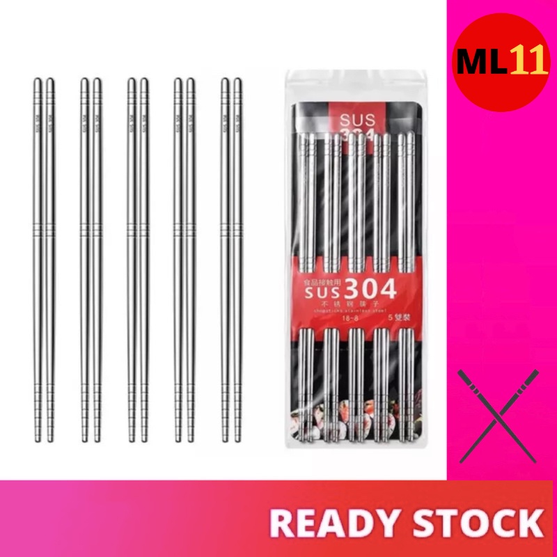 (10 PCS) SUS304 Food Grade Stainless Steel Chopstick Cutlery Reusable ...