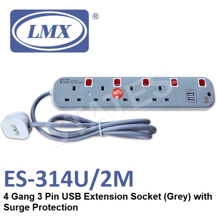 LMX ES-314U/2M 4 Gang Extension Socket with Neon + 2 USB Port - 2 Meter ...