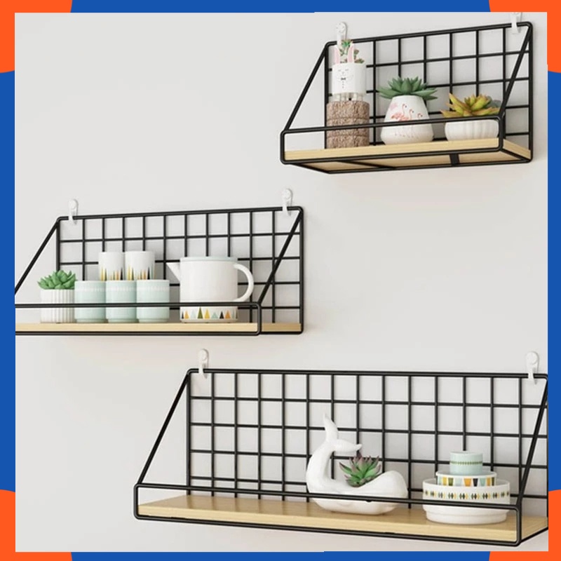 Grid Wall Shelf Wall Mounted Hanging Shelf Storage Holder Rack Wooden ...