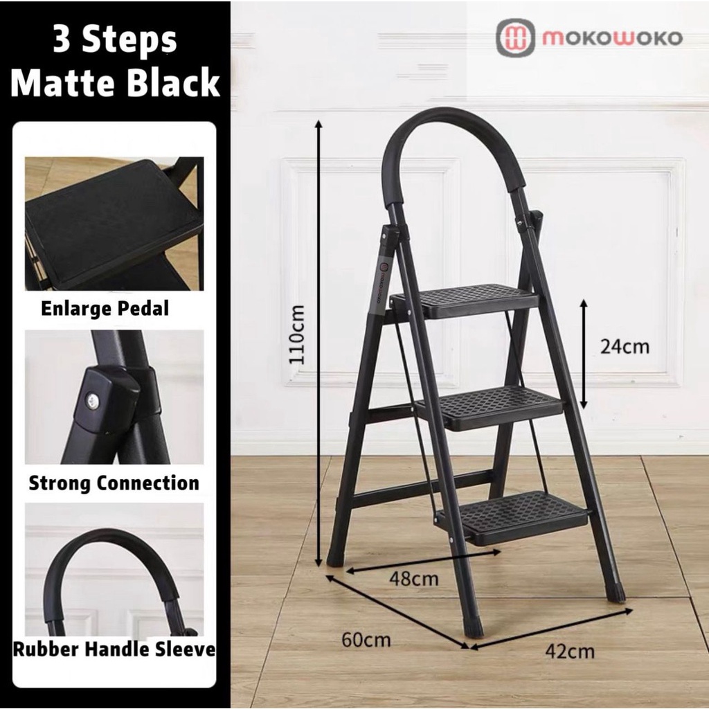 Comes 3 Steps Folding Ladder Red / Matte Black Portable Aluminum Ladder ...