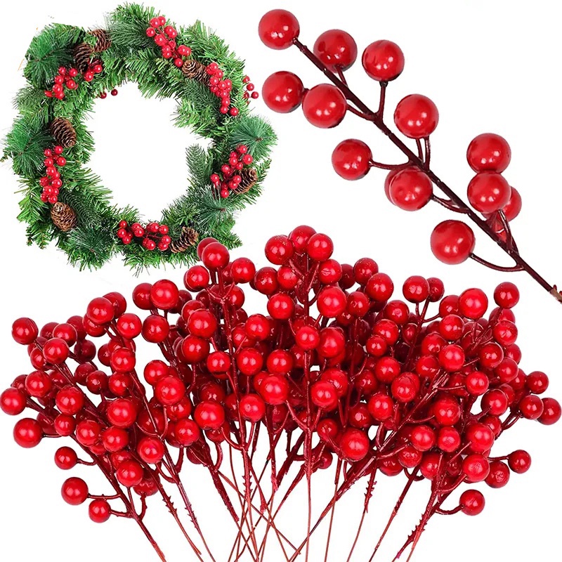 14 Heads Artificial Red Berry Stems Branches/ Christmas Tree Holly ...