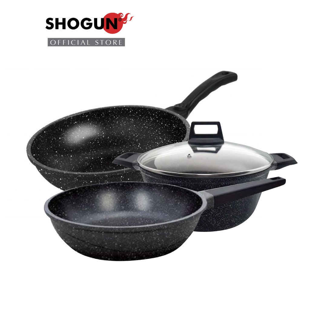 Shogun Senjo Plus Marble Non-stick Trio Set (IH): 24cm Wok + 18cm Deep Frypan + 28cm Stockpot ...
