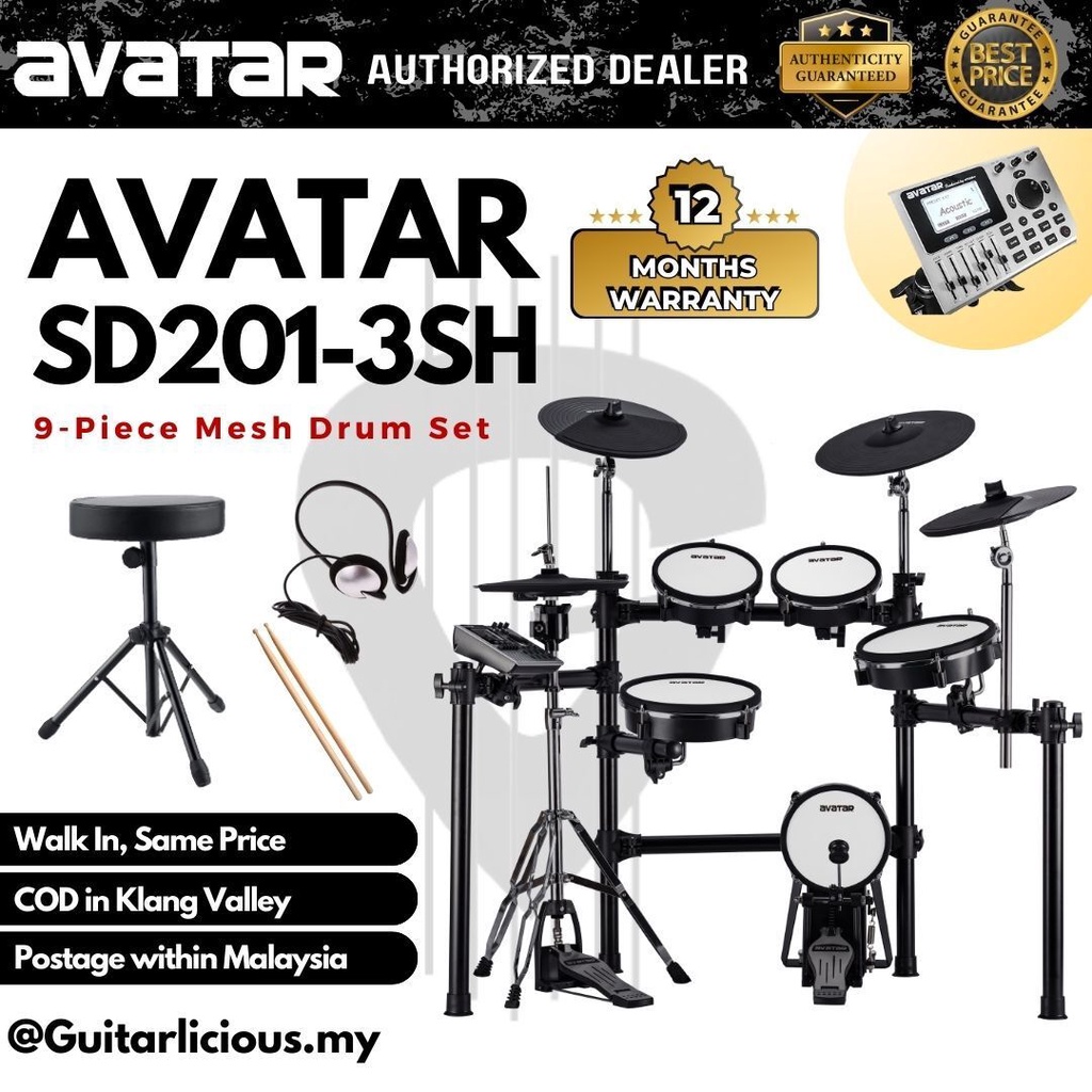 Avatar SD201-3SH Professional 9-Piece Mesh Kit Electric Drum Set - 5PC ...