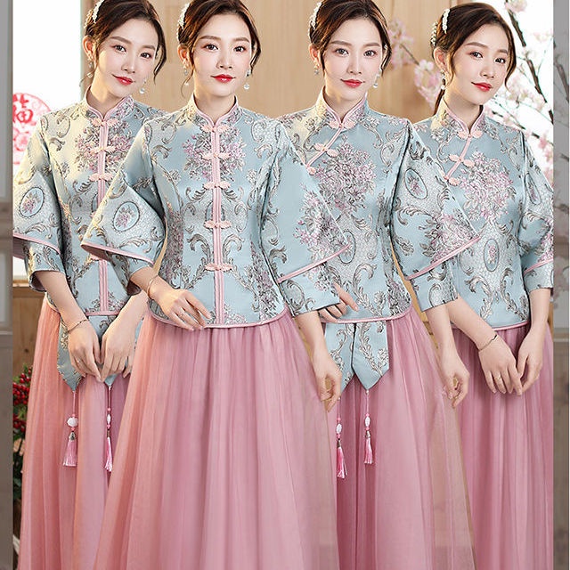 2pcs Blue Cheongsam Dress Women One Suit with Chinese Embroidery Baju ...