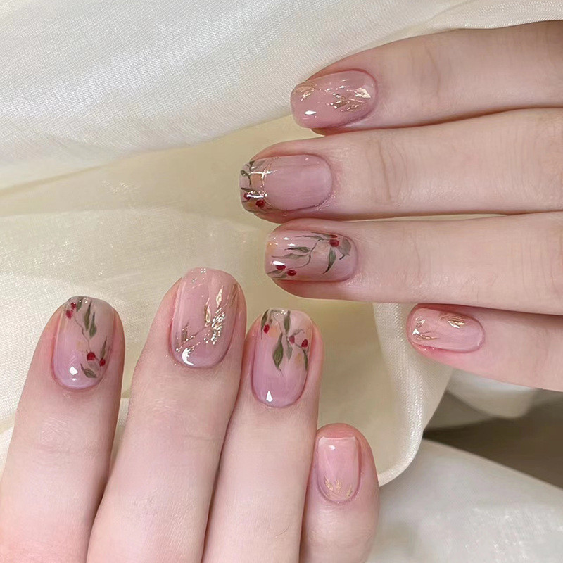 Red Bean and Butterfly Pattern Fake Nails Trapezoid False Nails 24 Pcs ...
