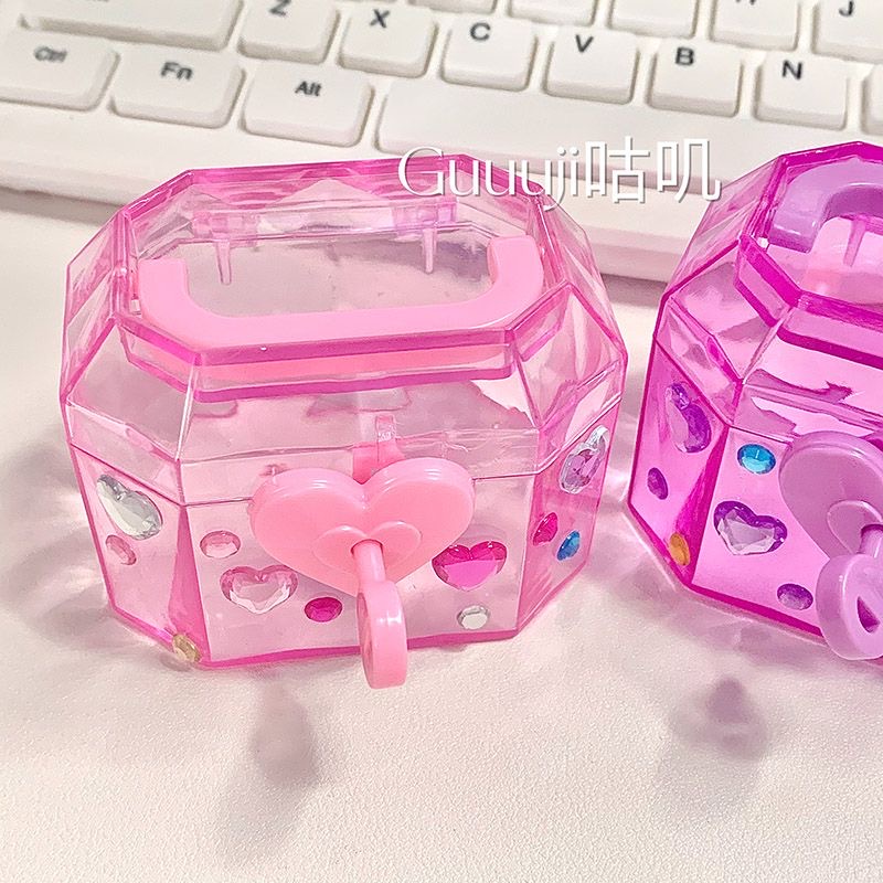 Cute Pink Treasure Chest Storage Box With Key Beads Stickers Desktop ...
