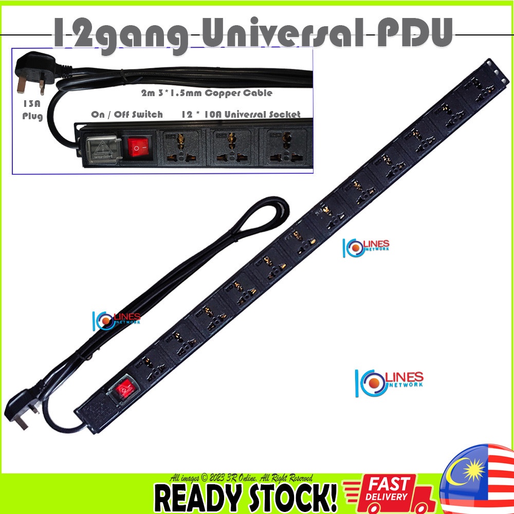 12 Gang Way Universal International Socket Power Strip PDU 1U 1.5mm 2m ...