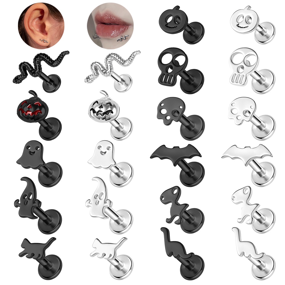 1 PC Stainless Steel Lip Piercing 16G Silver Lip Stud Black Labret ...