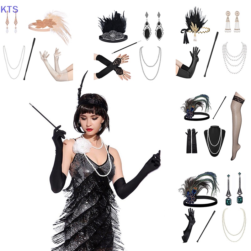 KTS 1Set 1920's Flapper Cosplay Costume Feather Pearl Necklace Bracelet ...