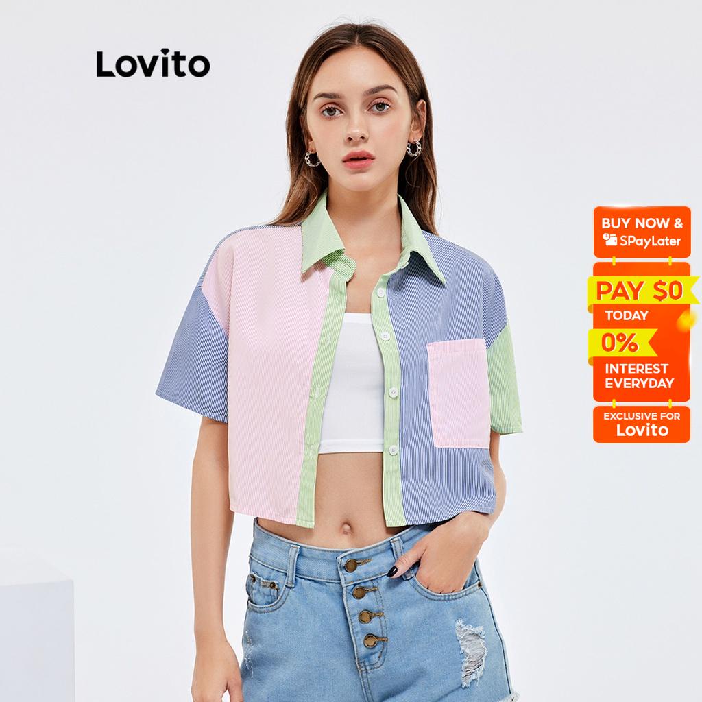 Lovito Casual Striped Crop Colorblock Pocket Women Blouse L25AD041 ...