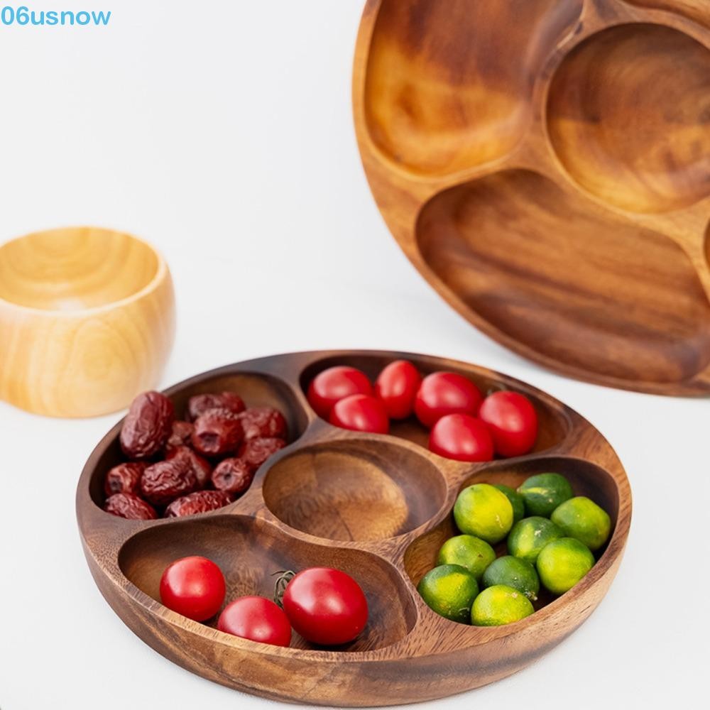 USNOW Food Serving Tray, with 5 Dining Grids Solid Wood Wooden Divided ...
