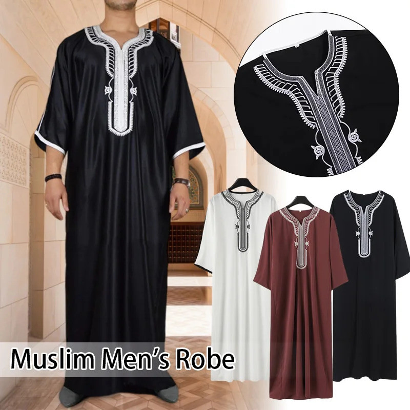 Ramadan Summer Caftan New Muslim Men'S Black Robe Short Sleeves ...