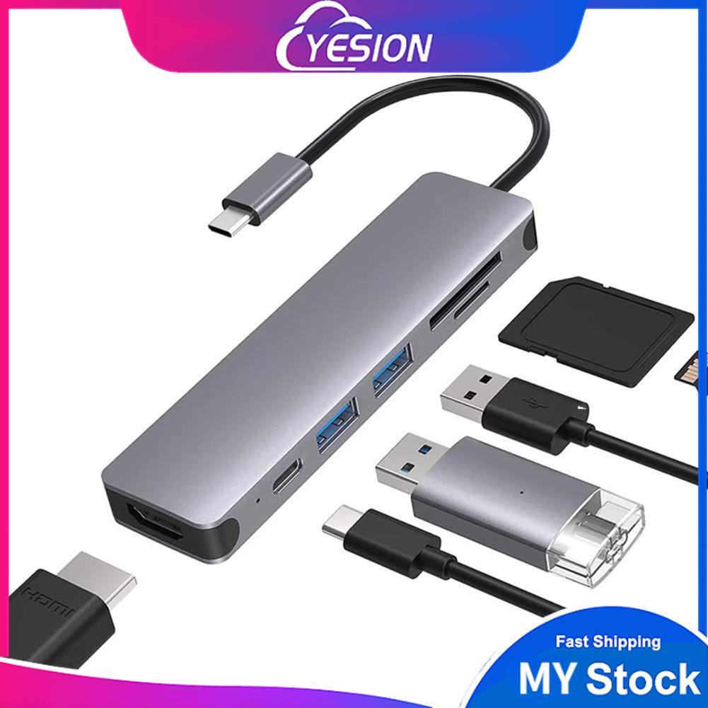 6 in 1 Type C Hub USB 3.0 Ports SD/TF Card Reader USB-C PD Power ...