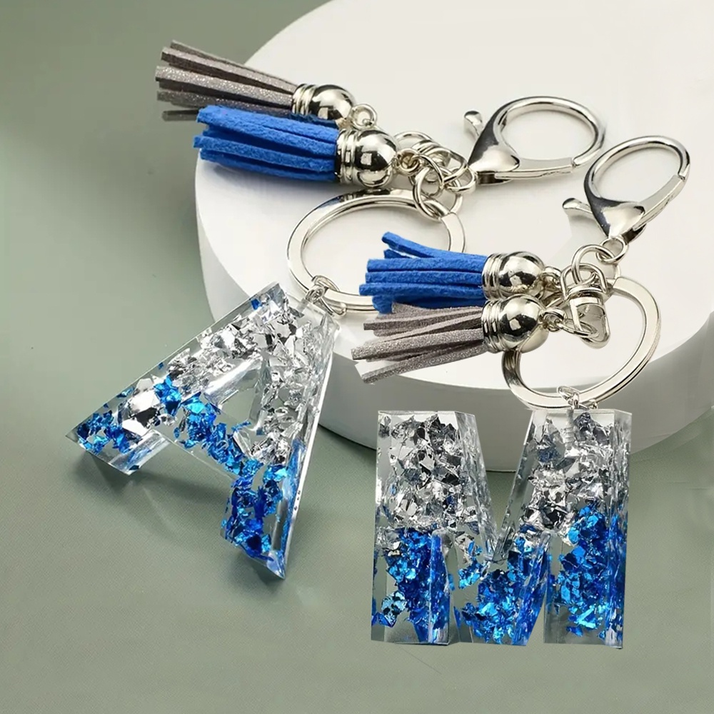 Creative 26 Letter Resin Keychains With Tassel Fashion Bule Sliver ...