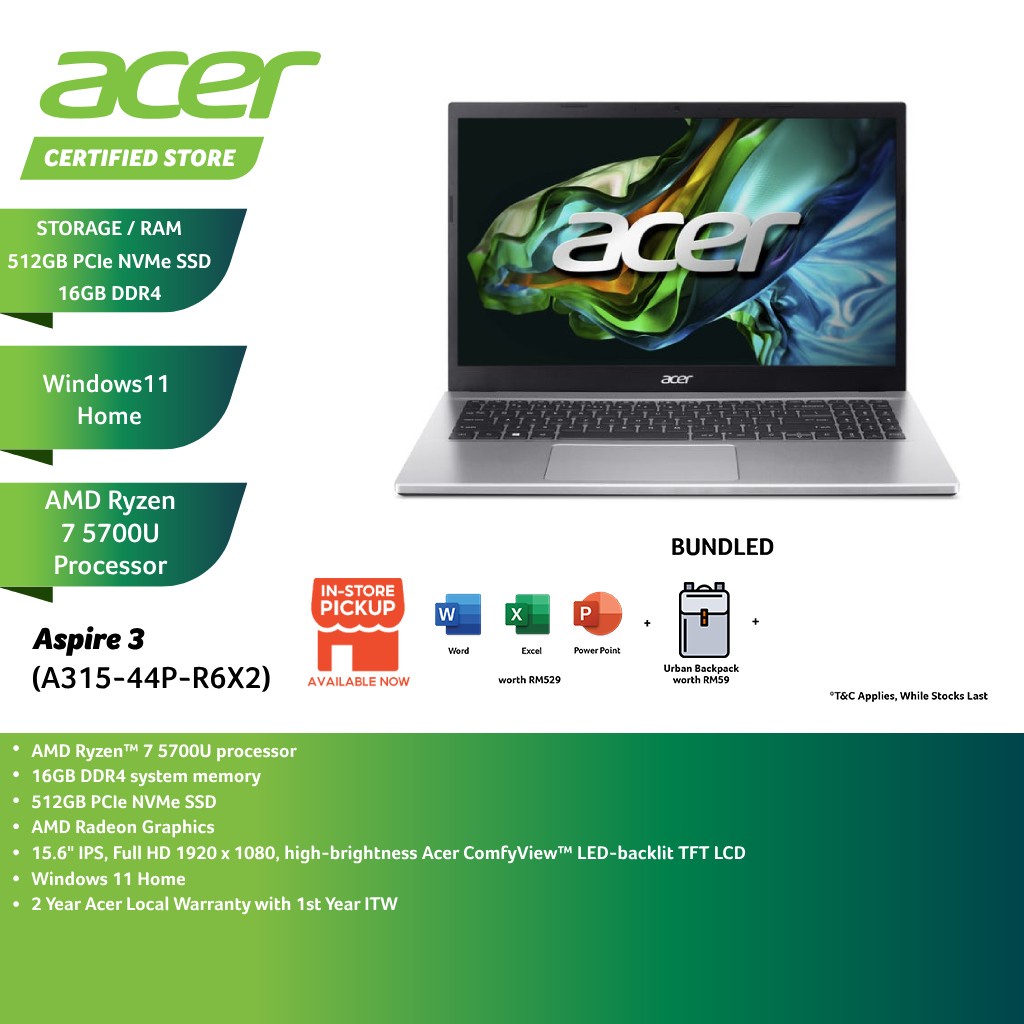 Acer Aspire 3 A315-44P-R6X2 15.6'' FHD Laptop Pure Silver ( Ryzen 7 5700U, 16GB, 512GB SSD, ATI ...