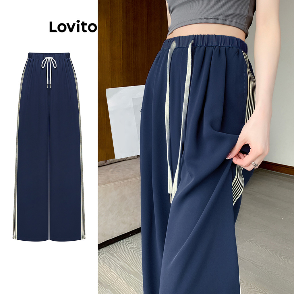 Lovito Sporty Plain Contrast Binding Tie Front Braid Pant for Women ...