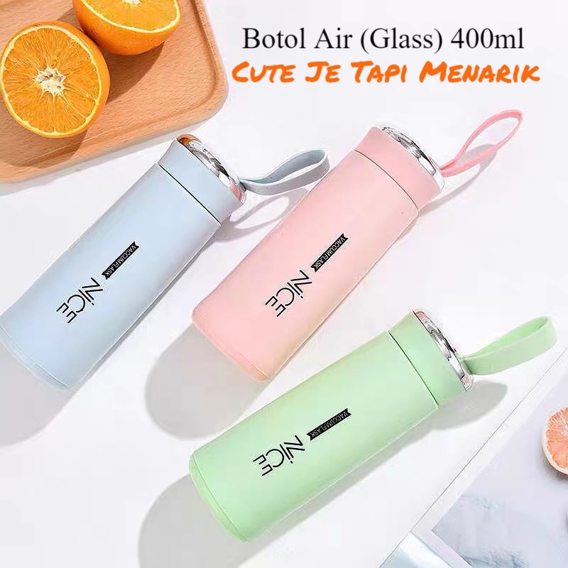 400ml Botol Air Kaca Pouch Getah Nice Glass Water Bottle Tumbler ...