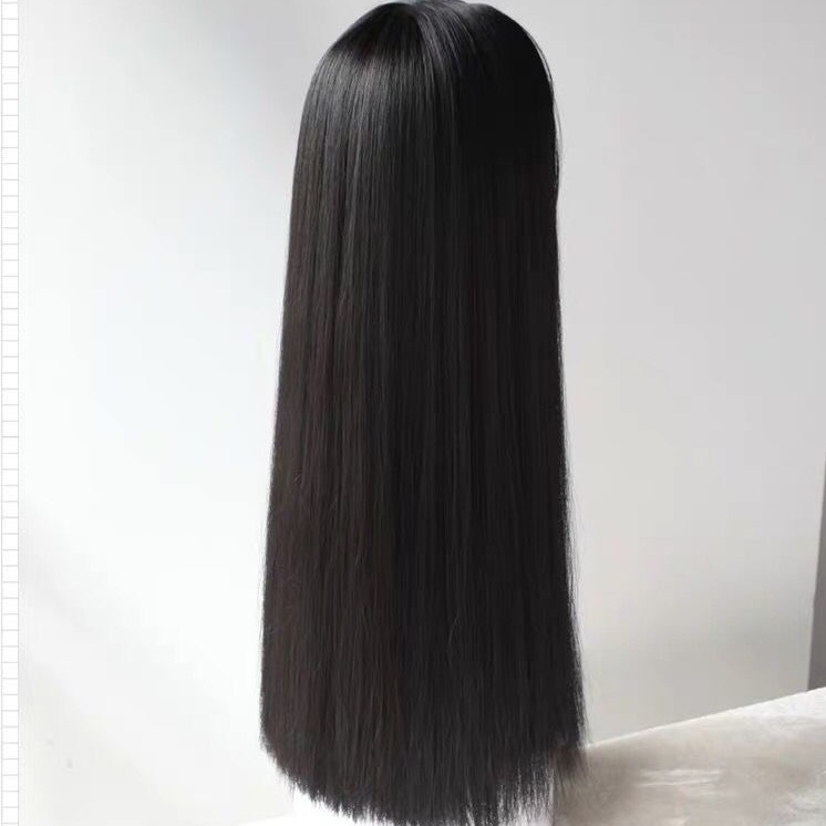 HITAM Realistic girl wig air bangs long straight hair black waist ...