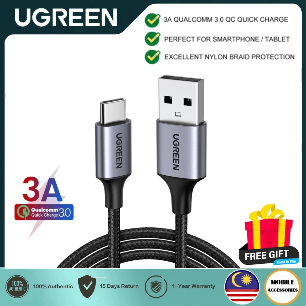 UGREEN 1.5M USB A To USB Type C Cable 3A Qualcomm 3.0 QC Quick Fast Charging 480Mbps Nylon Braid ...