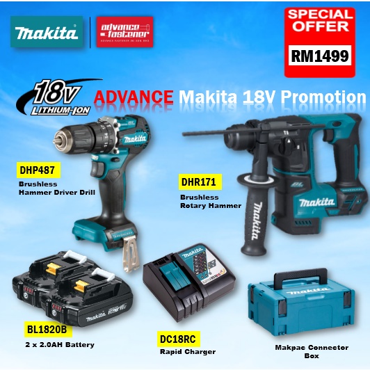 Makita 18V LXT Cordless Combo Set ( DHP487 Hammer Driver Drill / DHR171 Rotary Hammer ) | Shopee ...