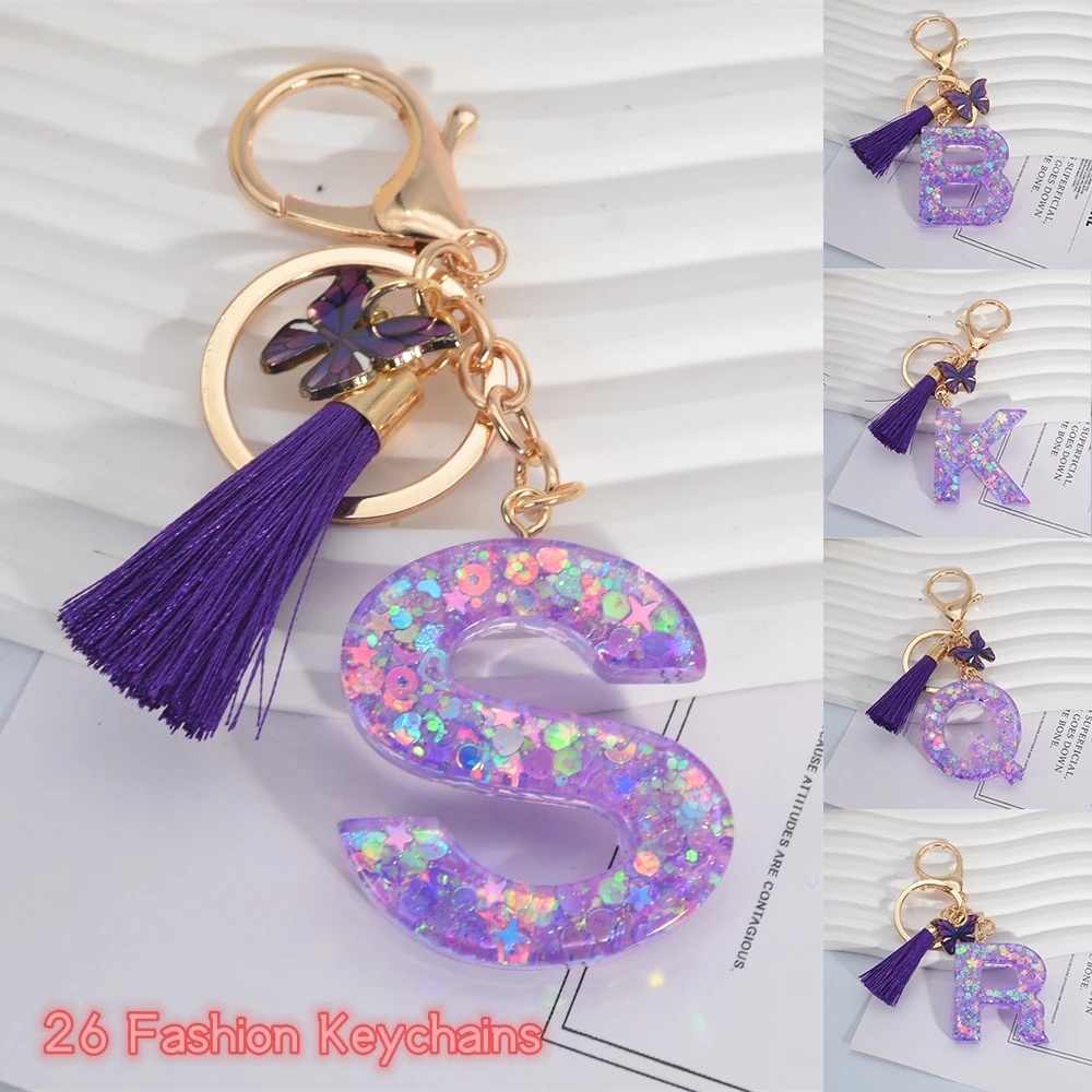 A-Z Shiny Sequin Letter Keychain Resin Couple Initial Purple Stars ...