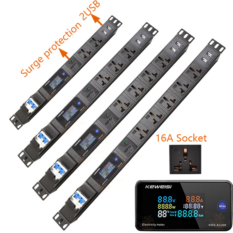 High power power expansion PDU distribution unit with digital display meter, 16A hole large ...