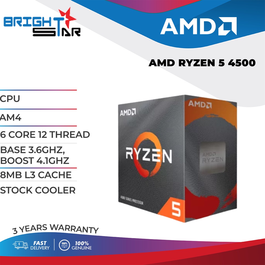 AMD RYZEN 5 4500 PROCESSOR / CPU / AM4 / 6C 12T / BASE 3.6GHZ BOOST 4.1GHZ / 8MB L3 CACHE / NO ...