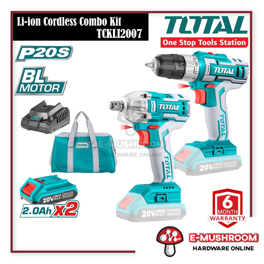 Total TCKLI2007 Li-ion Cordless Impact Wrench & Drill Combo Kit 20V ...