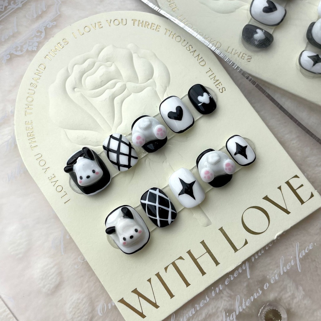 【HANDMADE】Artificial Nail Cute Girl Hand Drawn Checkerboard Pattern ...