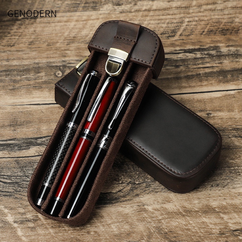 GENODERN Retro Crazy Horse Leather Pencil Case Handmade Lock Drawer ...