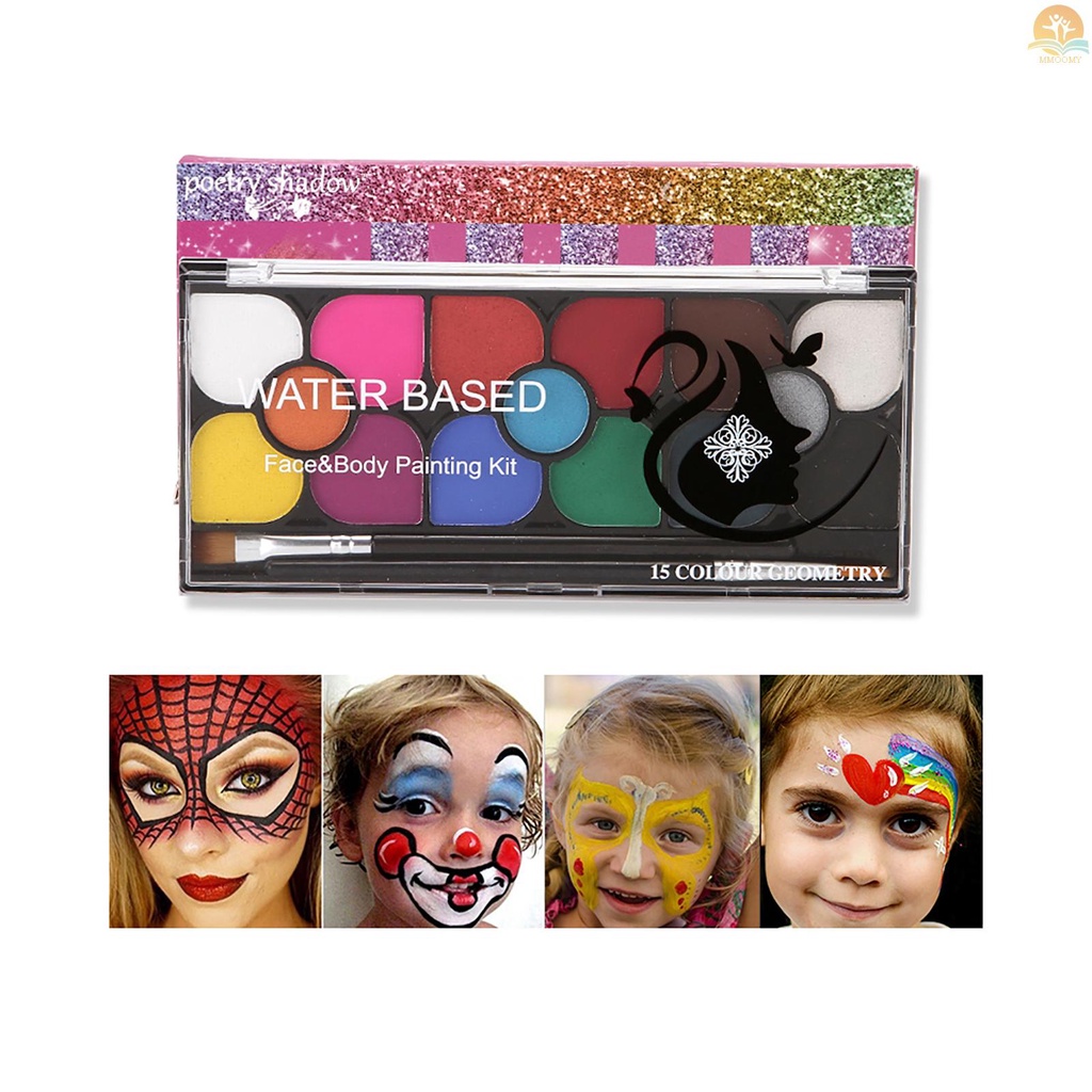 15 Colors Face Paint Kit with 2 Brushes Washable Face Body Painting ...