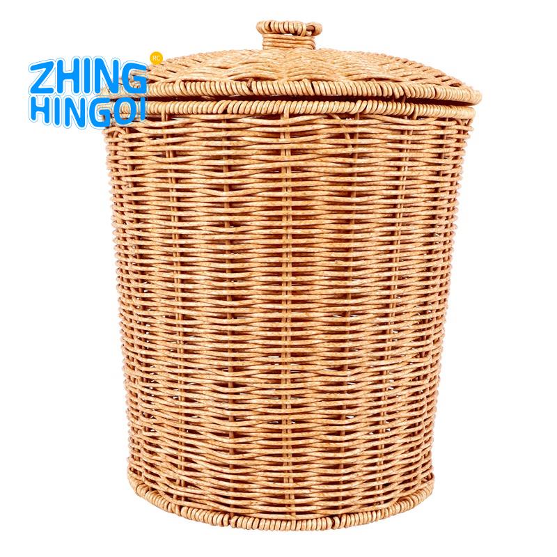Woven Basket Trash Can Round Rattan Waste Basket with Lid Planter Woven ...