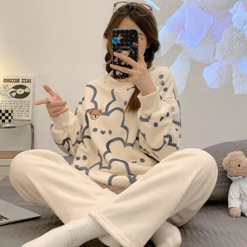 Women's Flannel Home Wear Cartoon Pajamas Suit Autumn and Winter ...