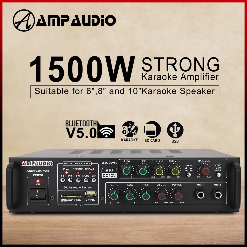 1500W Karaoke Amplifier Ampaudio AV2212 Bluetooth Stereo Amplifier ...