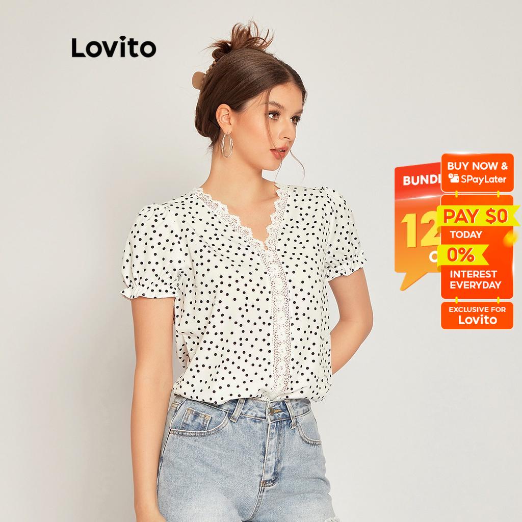 Lovito Boho Polka Dot V Neck Puff Sleeve Contrast Lace Women Blouses ...
