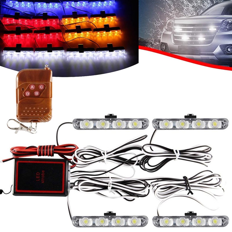 4PCS Car LED Light Strobe Red Blue Emergency White Yellow Remote ...