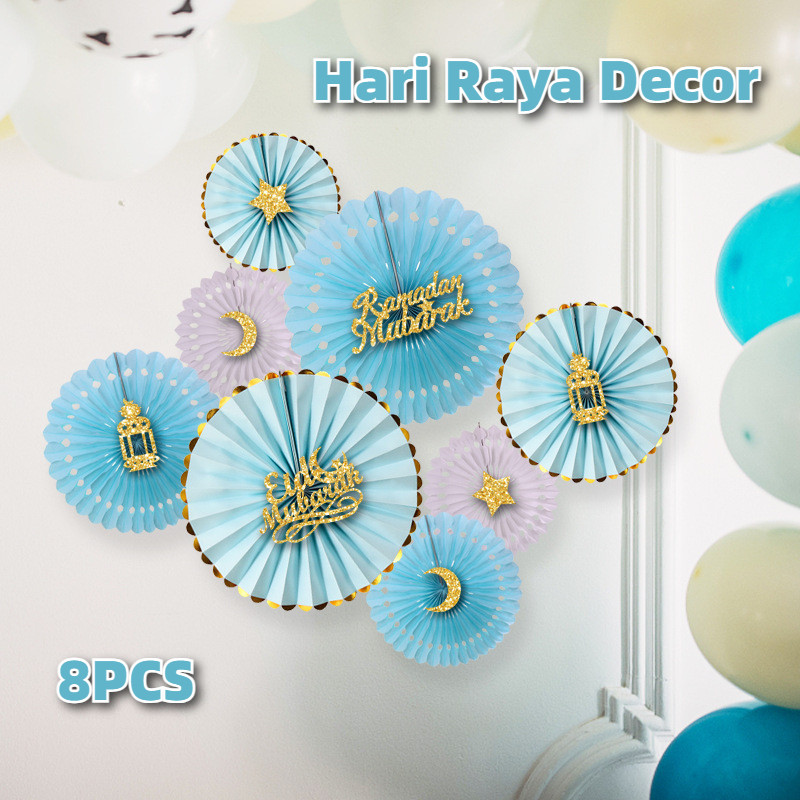 8pcs Hari Raya Decor Indoor Paper Fan Flower Set Backdrop with Eid ...