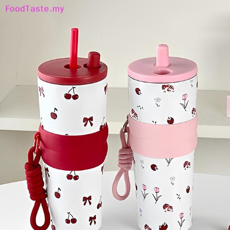 FoodTaste Portable 710ML Red Cherry Thermos Cup Pink Flower Bow Vacuum Cup Gift 316 Stainless ...